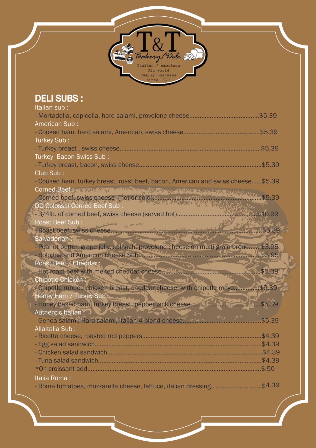Menu - T&T Bakery & Deli